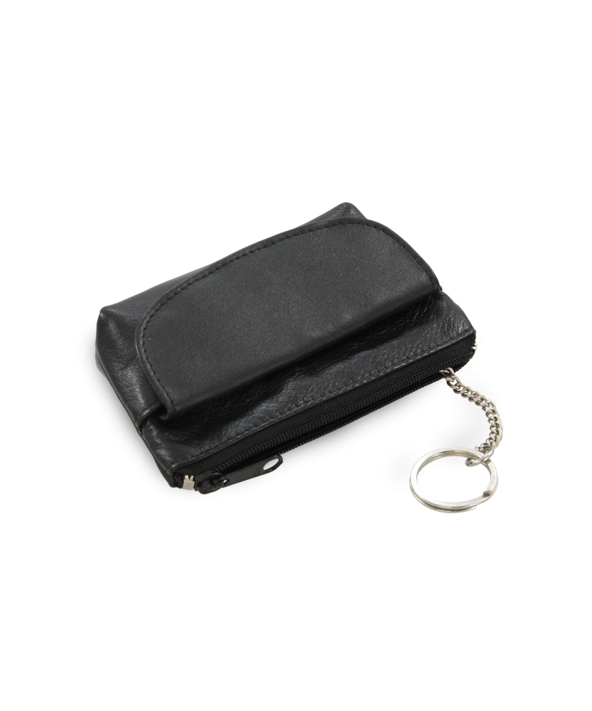 Black leather keychain with zipper and flap pocket 619-0369-60
